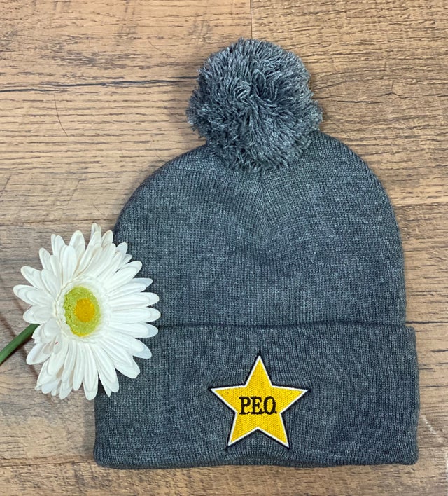 Grey Knit Pom Hat with P.E.O. Logo